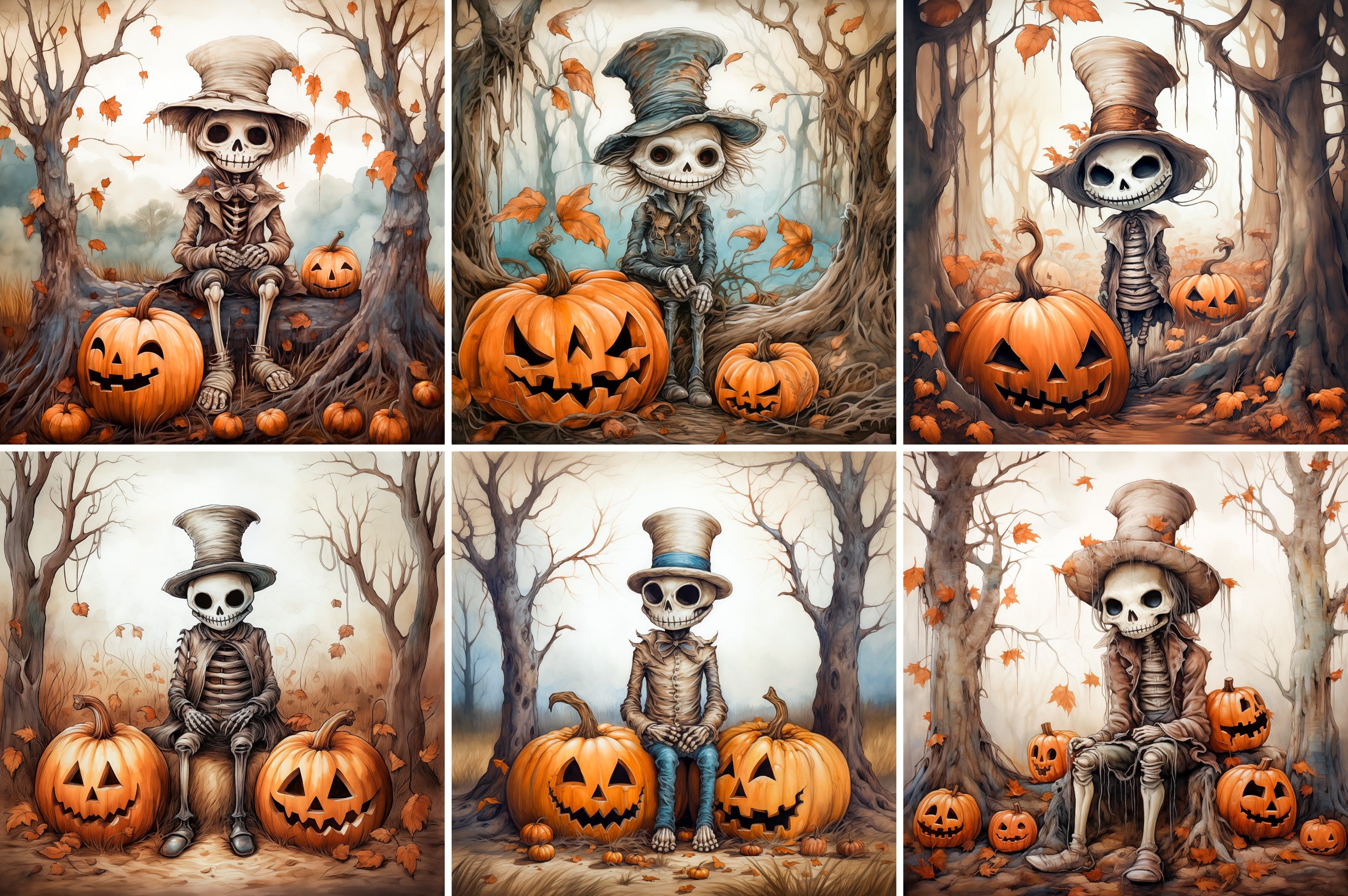 6 Piece 6"x6" Halloween Skeletons 100% Cotton Fabric Panel Squares Qui ...